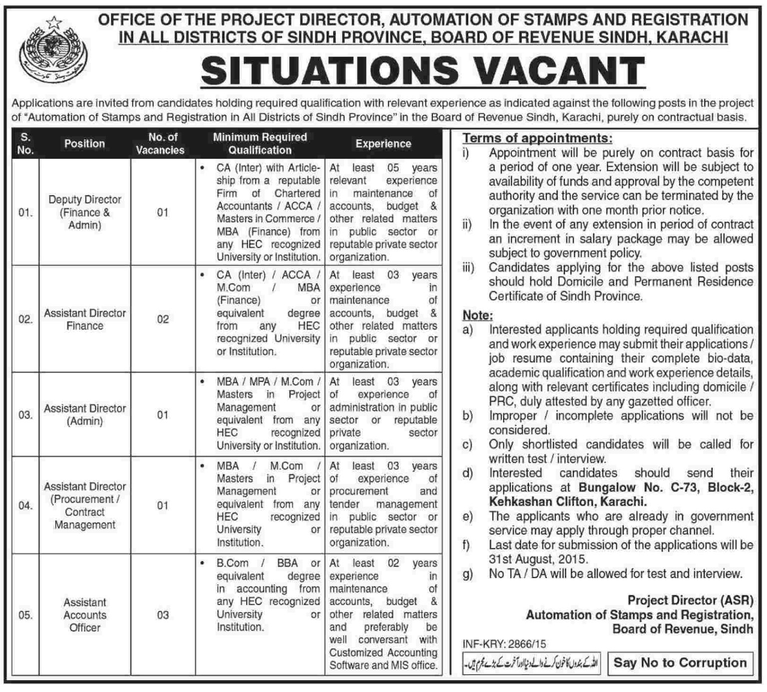 Board of Revenue Sindh Jobs 2024 Automation of Stamp and Registration
